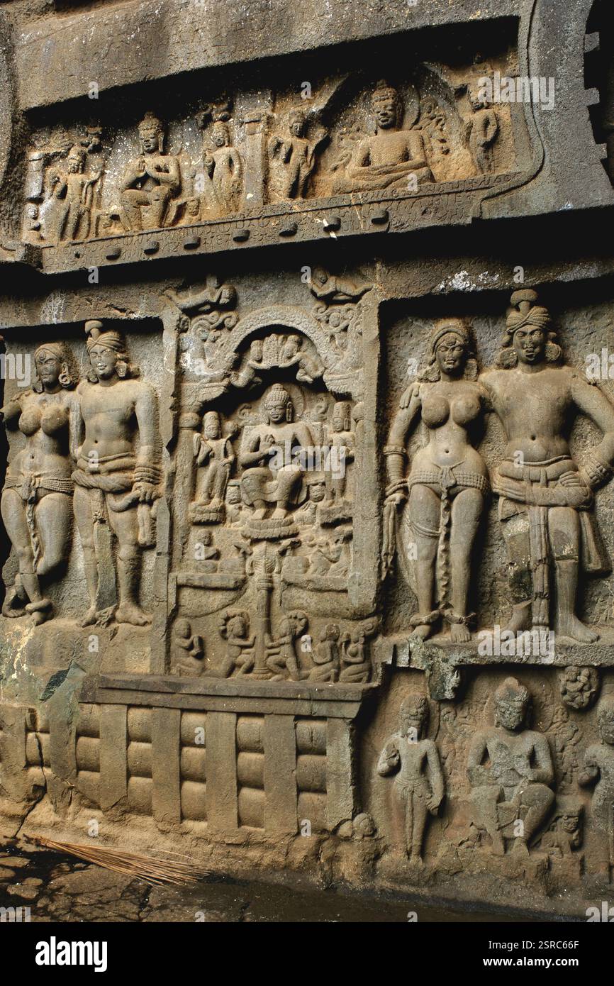 Carved wall in Karla caves in 2nd century B.C., Lonavala, Maharashtra, India, Asia Stock Photo ...