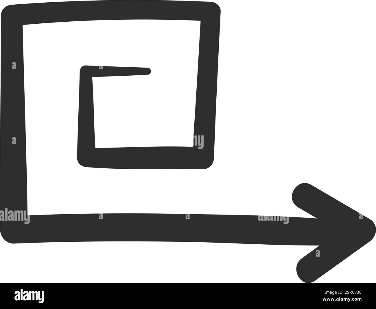 Hand drawn spiral arrow pointing right emerges from a square shape ...