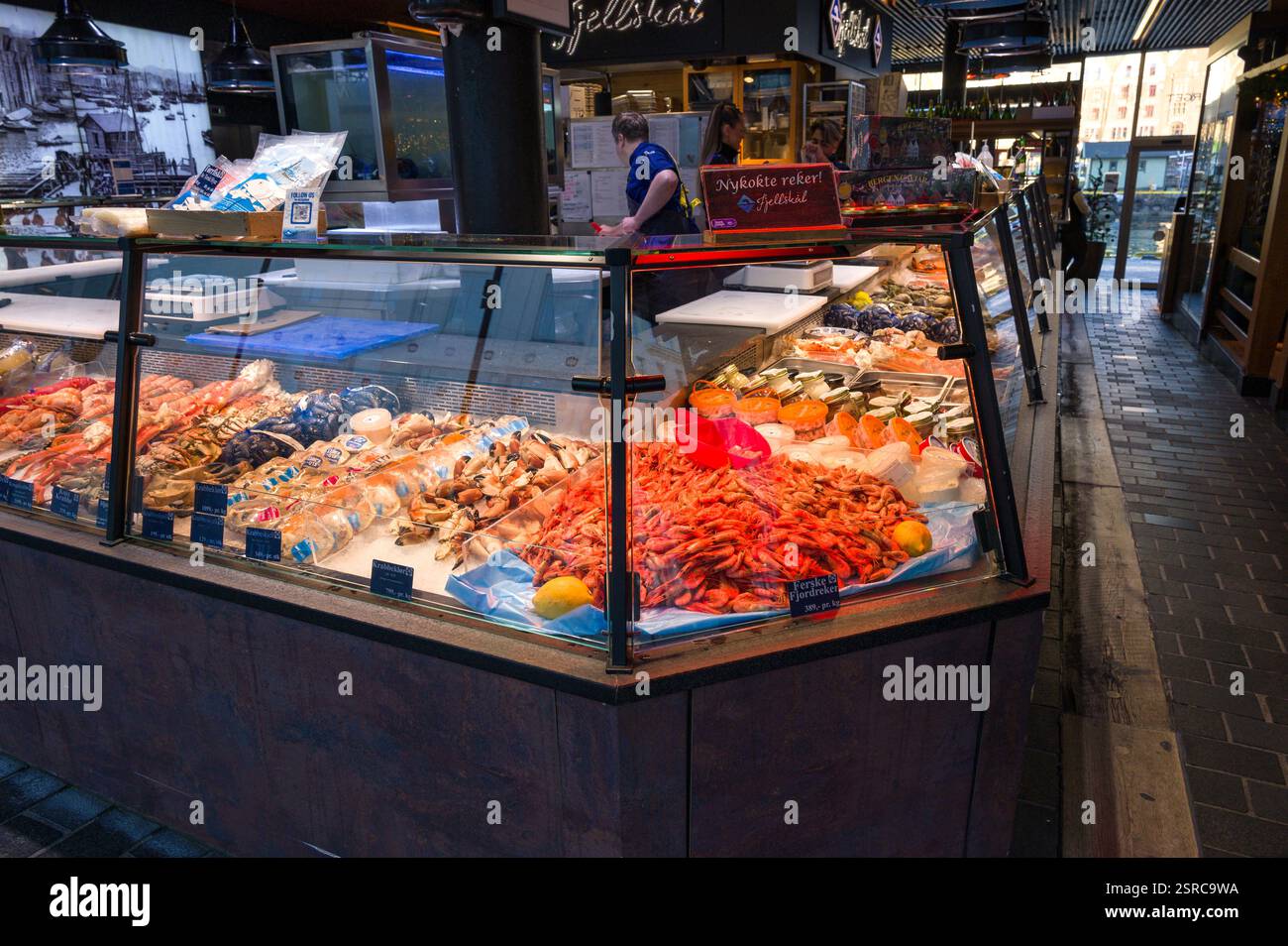 Fresh fish and seafood on display in the Bergen fish market, Norway ...