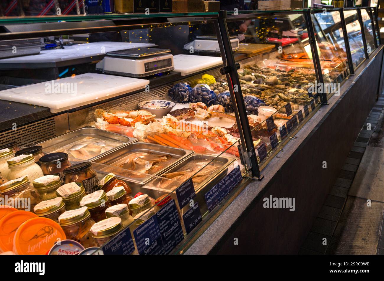 Fresh fish and seafood on display in the Bergen fish market, Norway ...