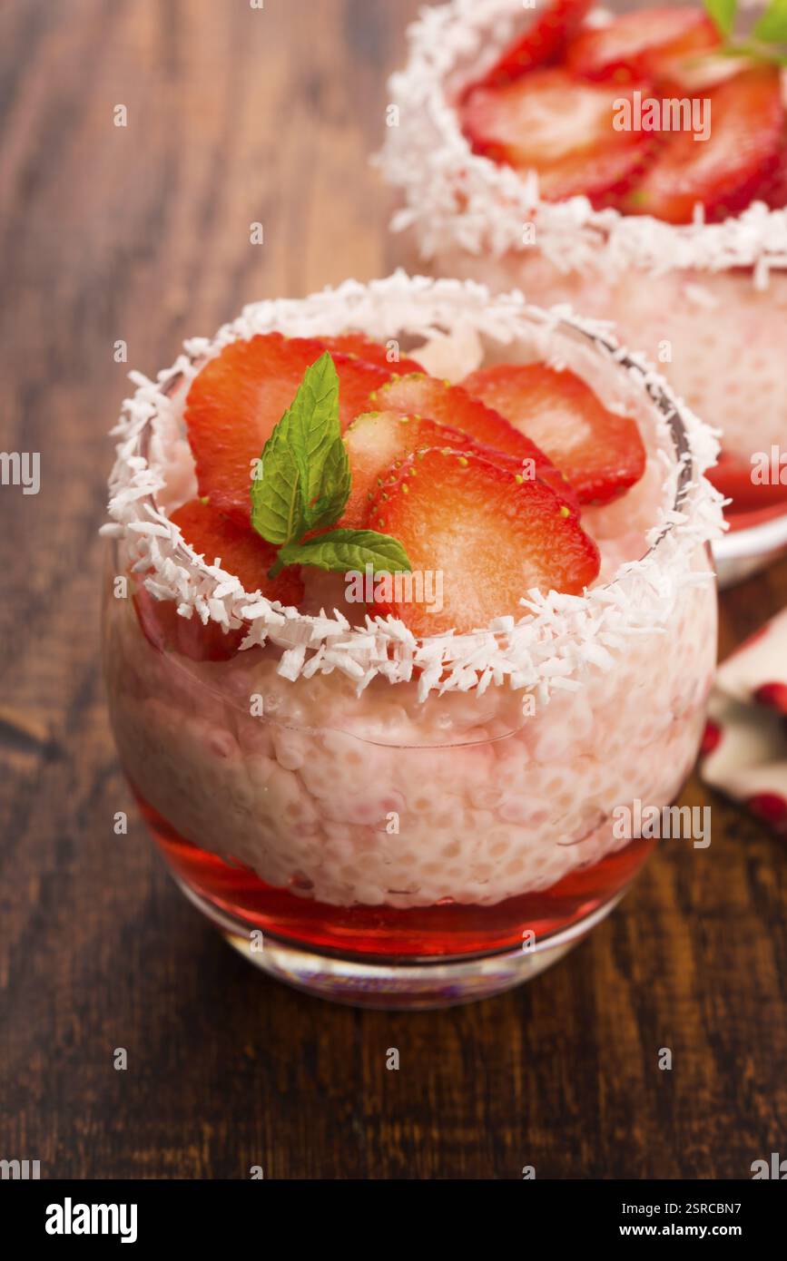 A serving of strawberry over tapioca and jelly Stock Photo - Alamy