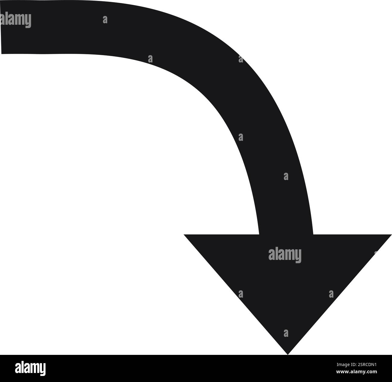 Simple black curved arrow pointing down against a clean white ...