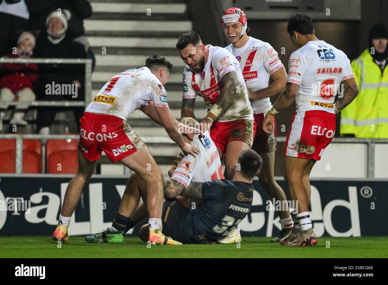 George Delaney of St. Helens celebrates his try during the Betfred ...