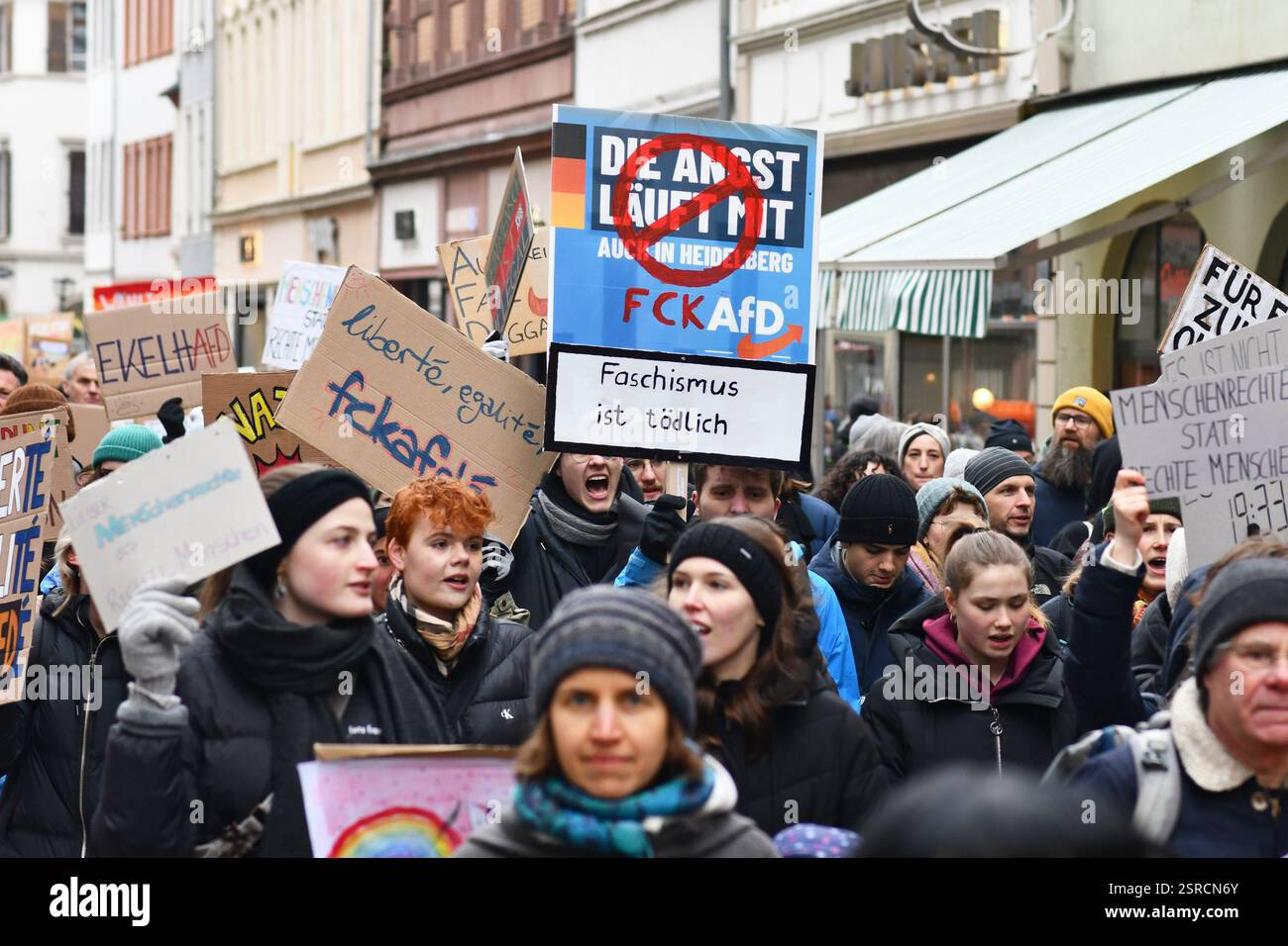 Heidelberg, Germany - February 12th 2025: People holding up signs in ...