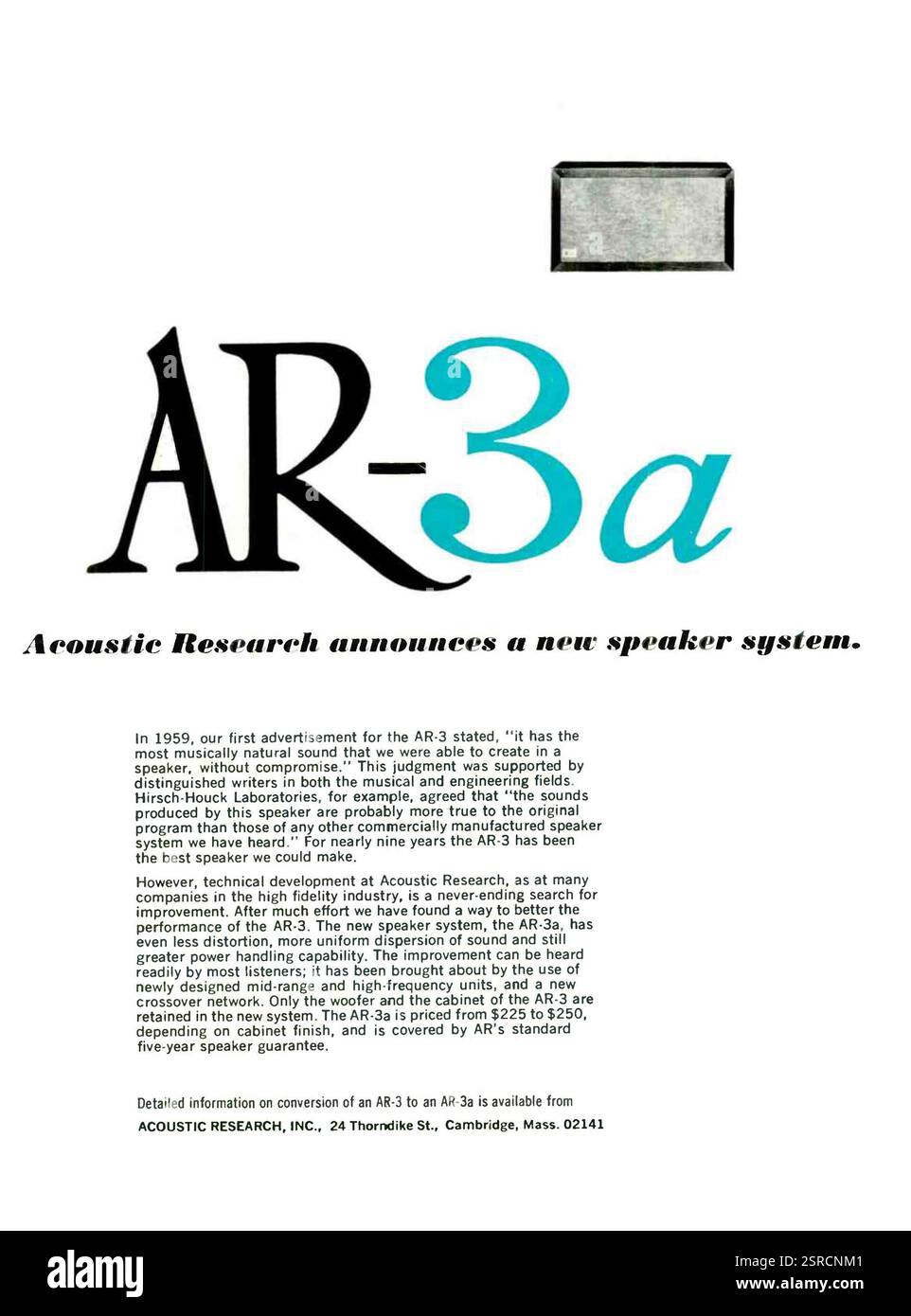 1967 US Acoustic Research Inc Mass. AR 3a speakers ad Stock Photo - Alamy
