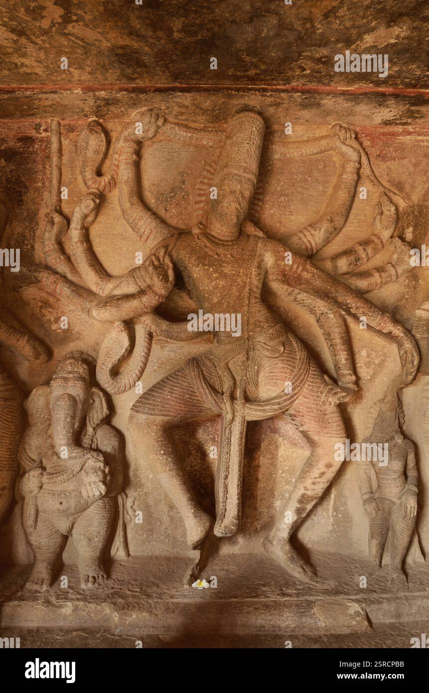 Dancing Shiva relief in Ravana Phadi caves, Karnataka, India, Asia ...
