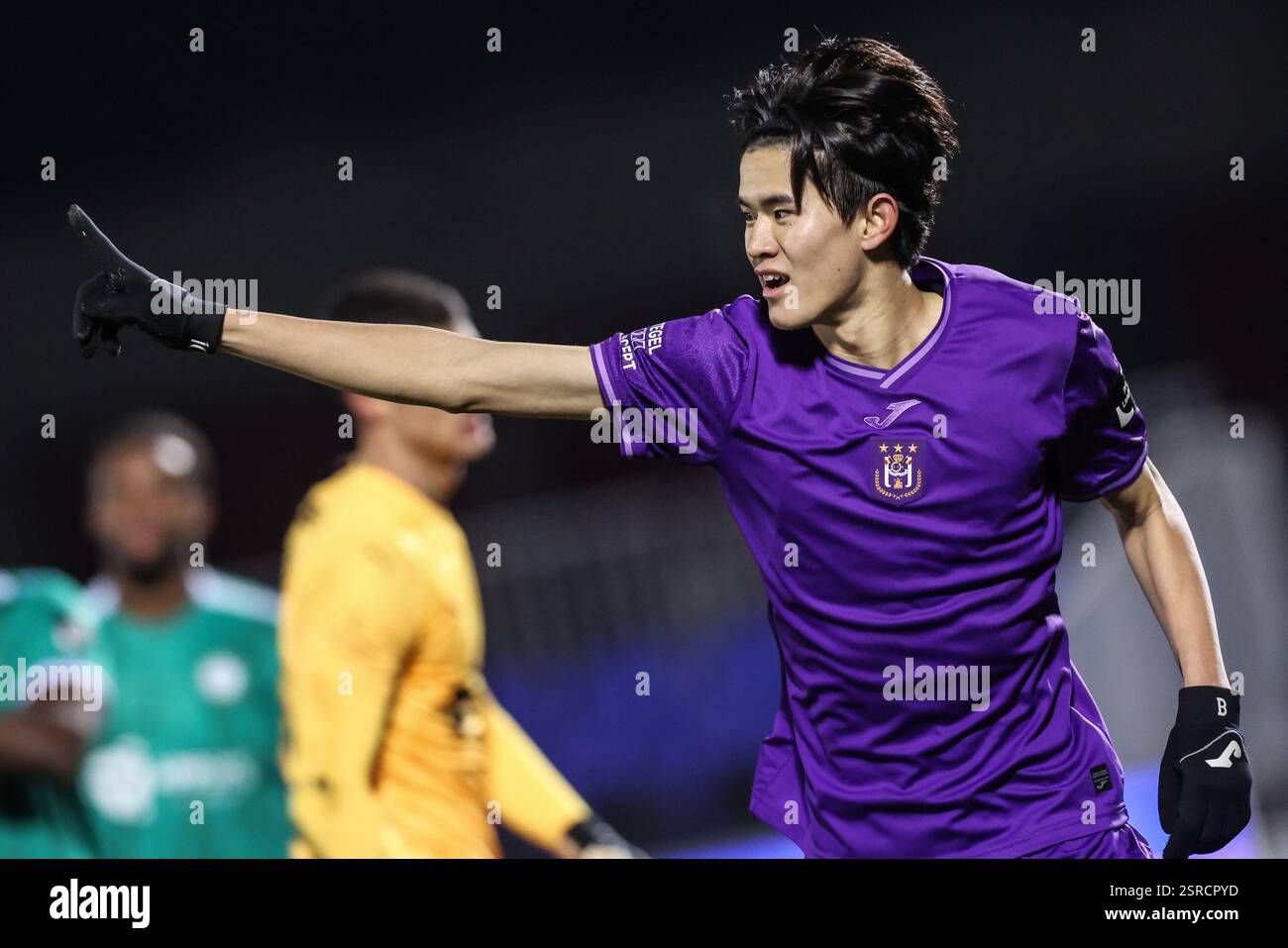 Deinze, Belgium. 14th Feb, 2025. RSCA Futures' Keisuke Goto celebrates ...