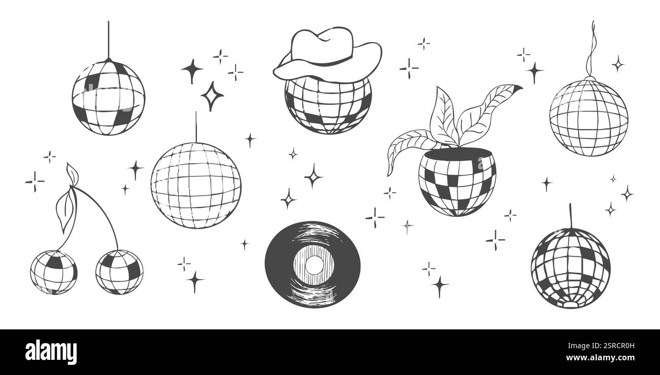 Disco ball doodle line tattoo y2k coquette trendy groovy decoration set ...