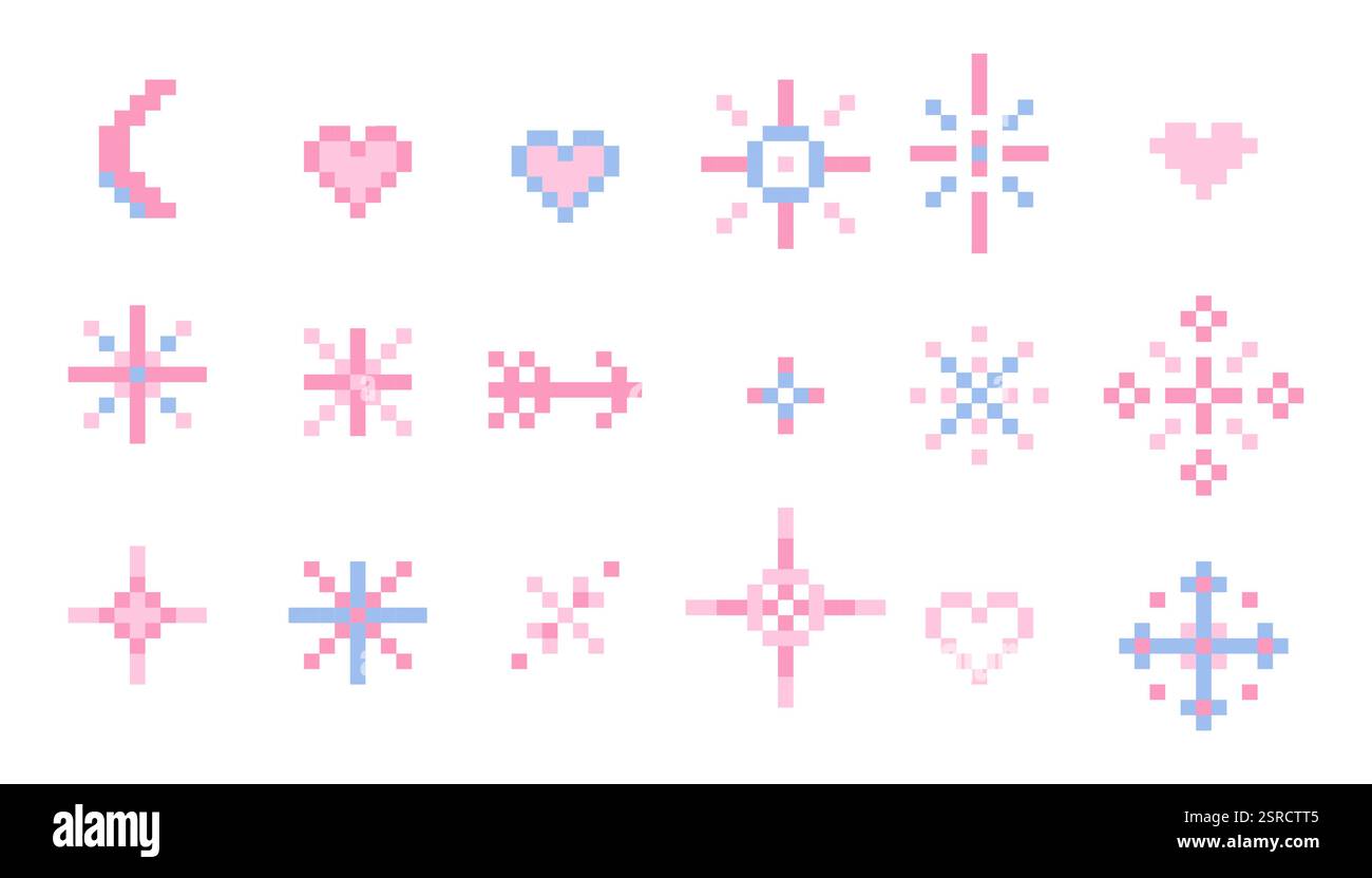 Pixel star sparkle cute retro 8 bit sparkle set. Shiny pink game pixel ...