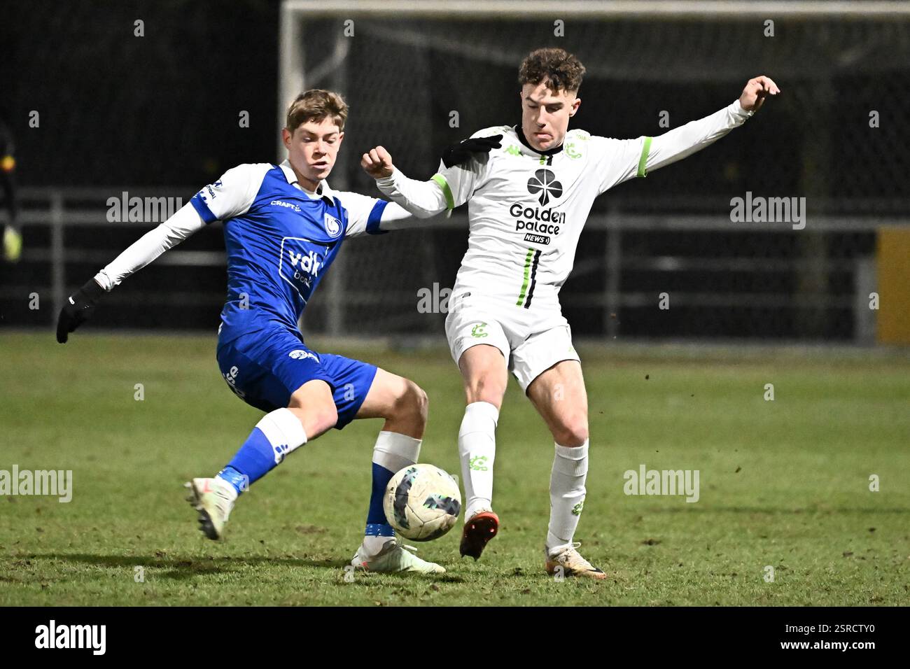 Gent, Belgium. 15th Feb, 2025. Jong Gent's Oleksandr Soroka and Cercle U23's Xander Robert ...
