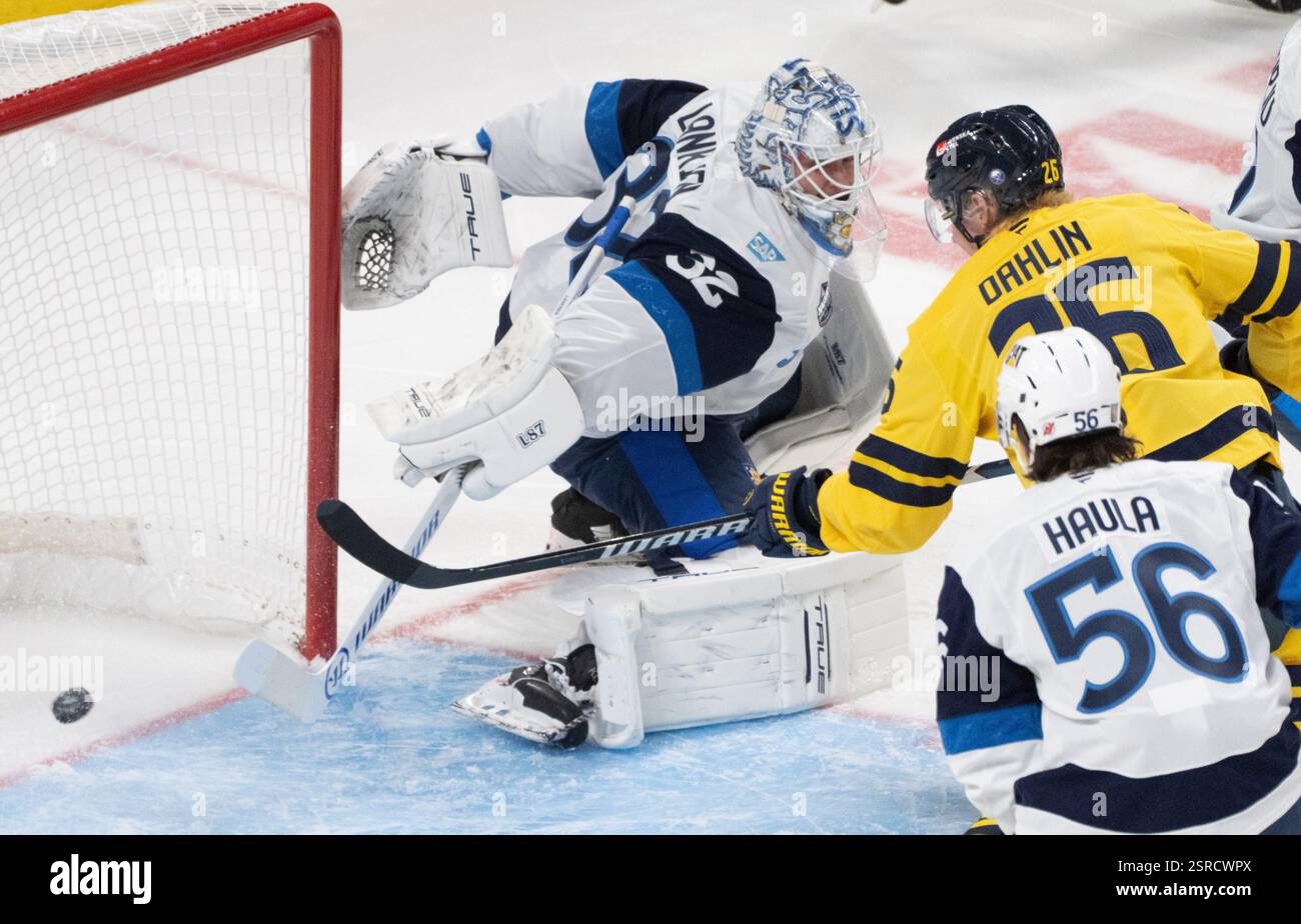 Montreal, Canada. 15th Feb, 2025. Sweden's Rasmus Dahlin (26) scores on ...