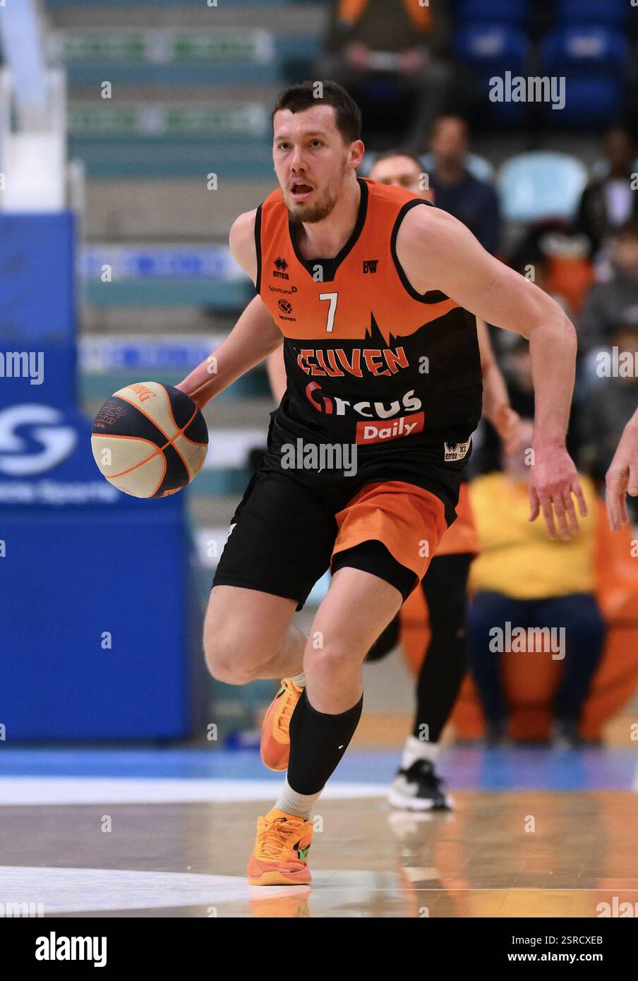 Mons, Belgium. 15th Feb, 2025. Leuven's Noah Bauman in action with ball during a basketball ...