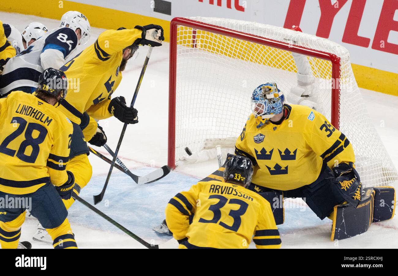 Montreal, Canada. 15th Feb, 2025. Finland's Kaapo Kakko (84) scores on ...