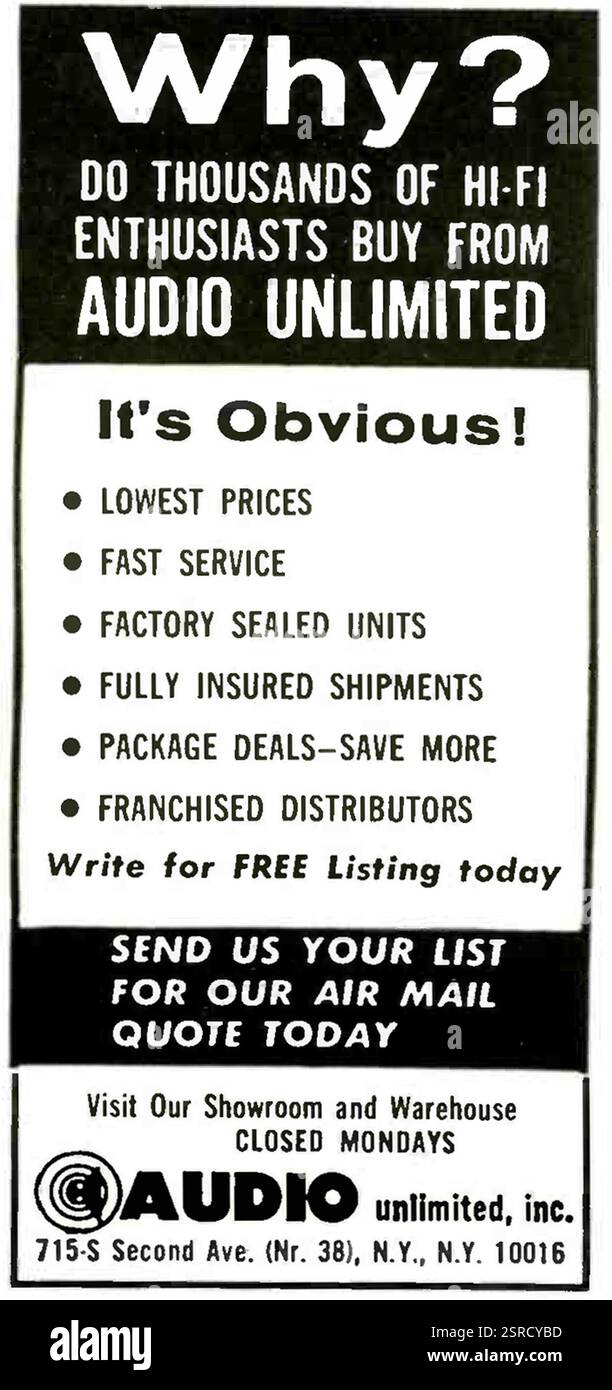 1967 US Audio Unlimited inc Hi Fi dealership New York Ad Stock Photo - Alamy