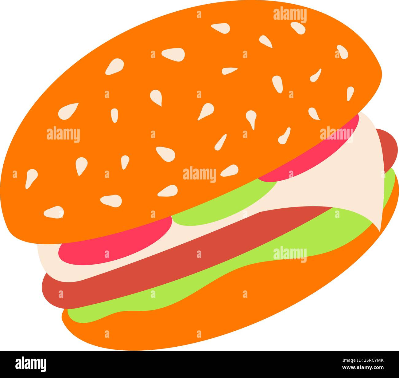 Cartoonish drawing of a hamburger with sesame seeds on a bun, meat ...