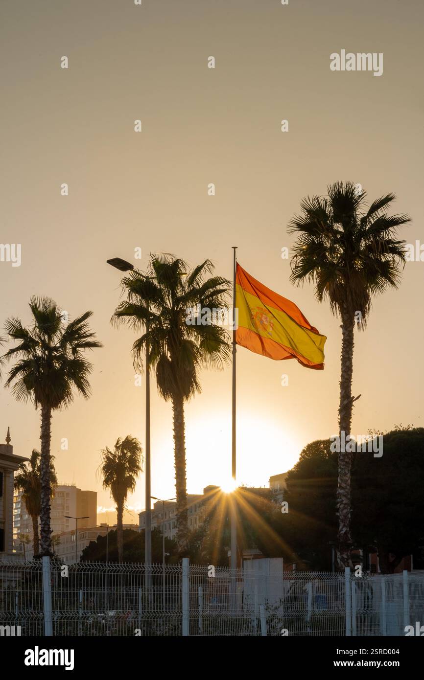 spanish red and yellow flag and silhouettes of palm trees against ...