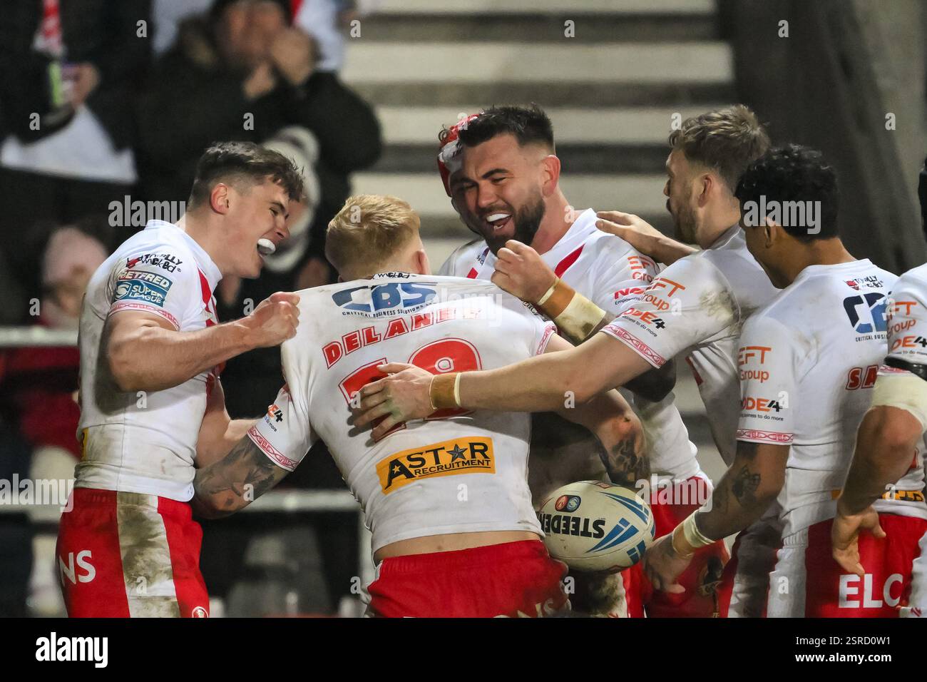 George Delaney of St. Helens celebrates his try during the Betfred ...