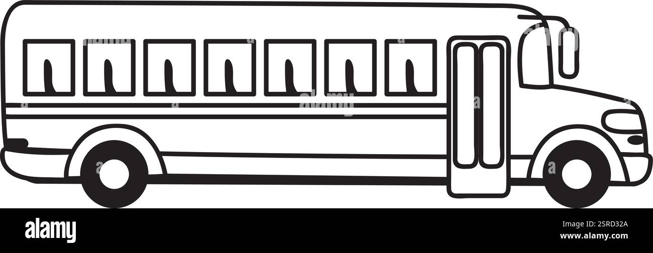 Simple black and white drawing of a school bus parked with open doors ...