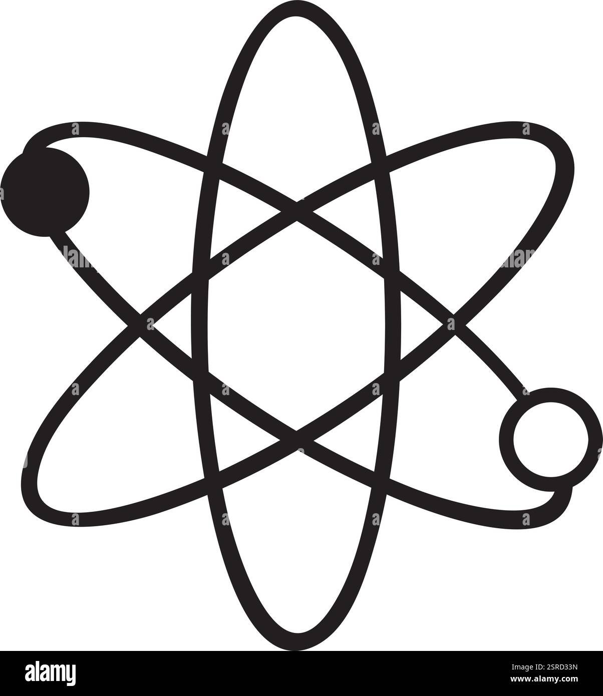 Atom revolving around nucleus with electrons orbiting in simple black and white science symbol ...
