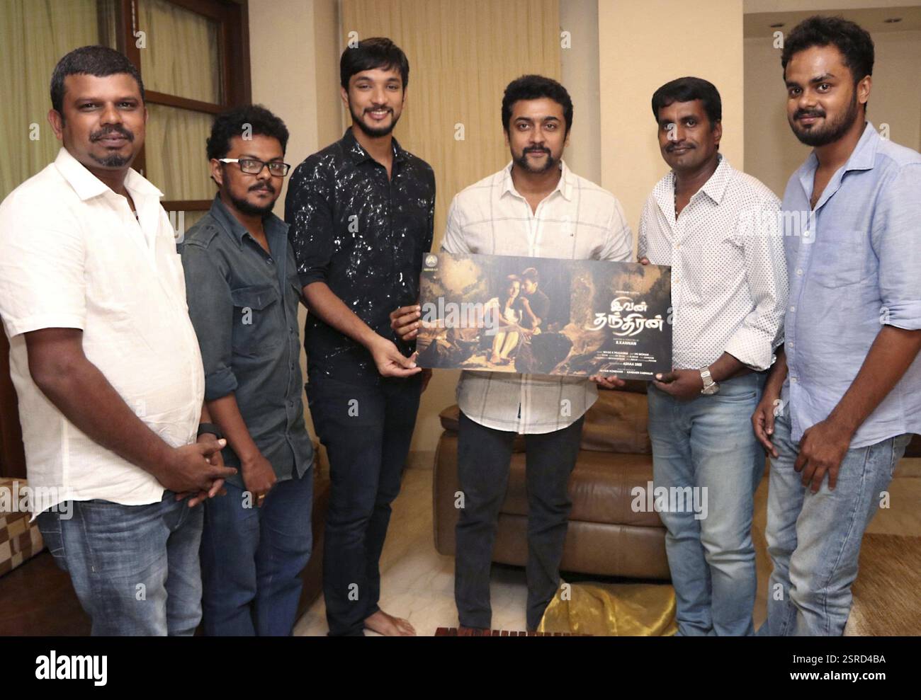 Tamil film actor Surya (C) during the unveiling of Tamil film IvanThandhiran poster, in Chennai ...