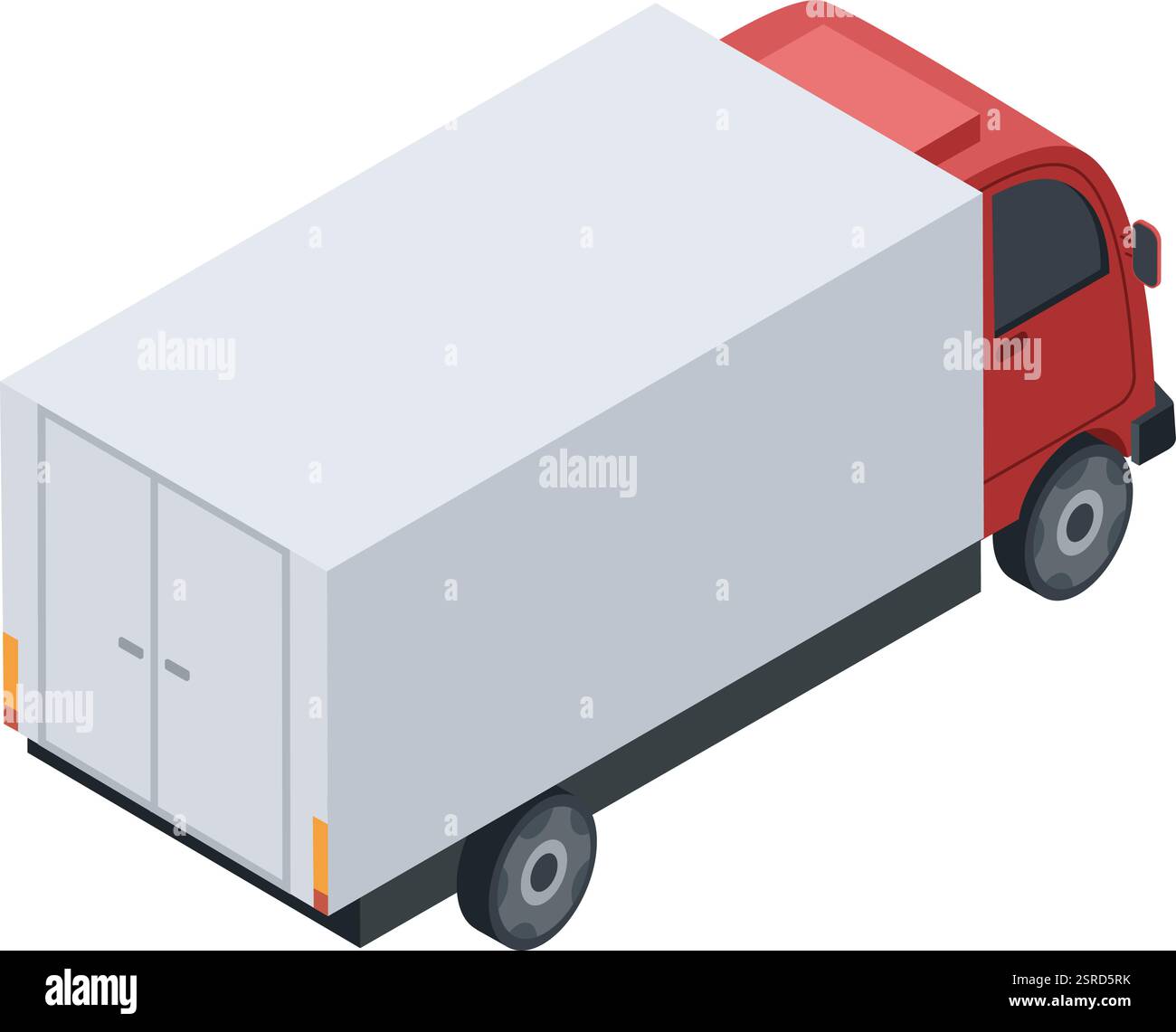 Red and white delivery truck transporting merchandise, an isometric ...