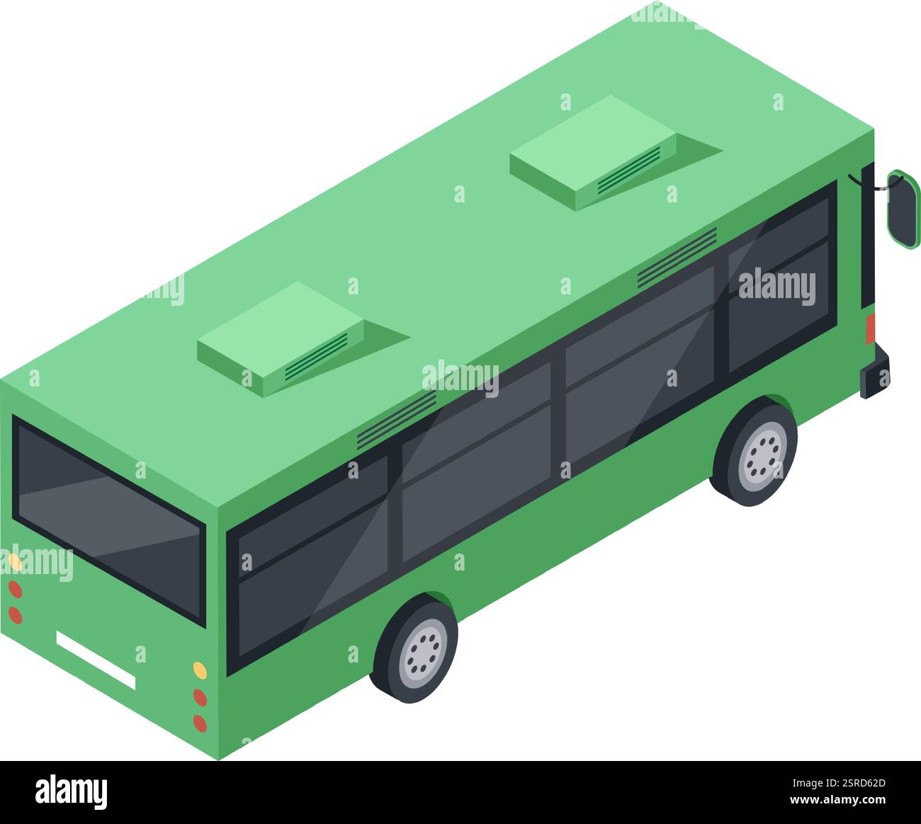 Green isometric city bus driving along a white background, representing ...