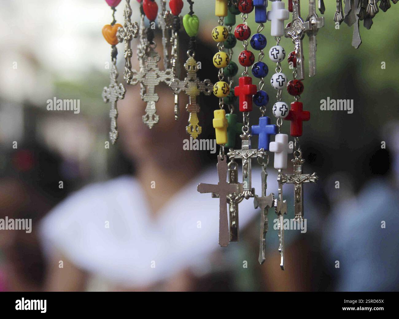 Colourful rosaries on display at a street stall leading to the Mount ...