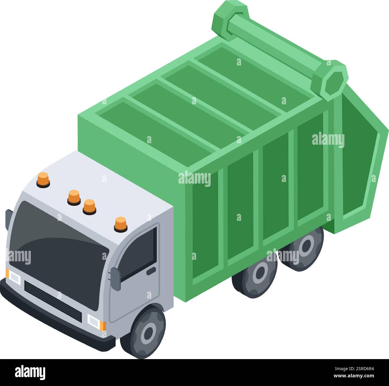 Green garbage truck collecting and transporting waste through an urban ...
