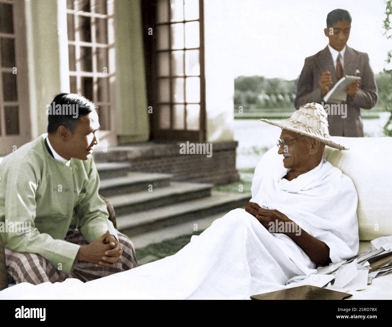 Mahatma Gandhi talking with Thakin Nu, Birla House, New Delhi, India ...