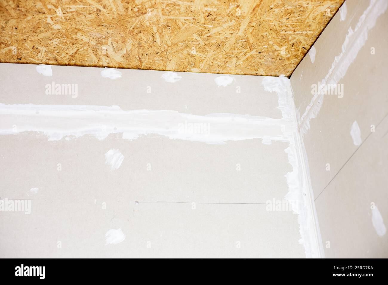Preparing drywall for plastering. A wall in a room with putty-filled ...