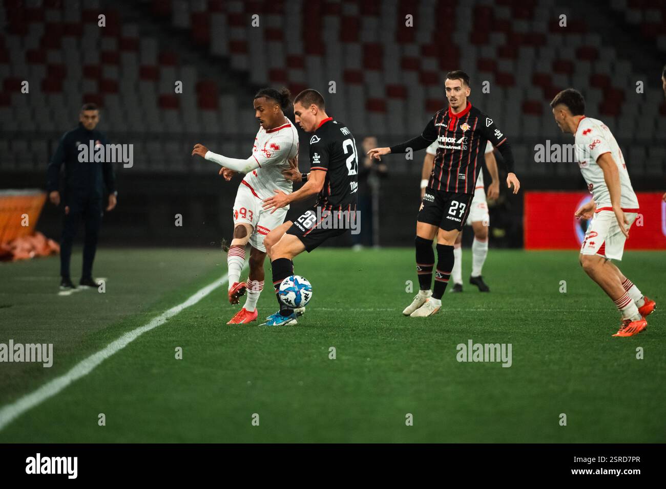 Bari, Italy. 15th Feb, 2025. Mehdi Dorval of SSC Bari in action against Valentin Antov of US ...