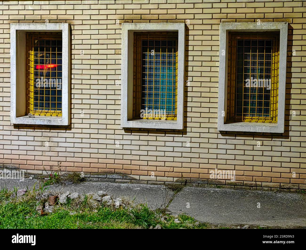 Night Frames – Old City Bus Windows in Brick Wall Layout Stock Photo ...