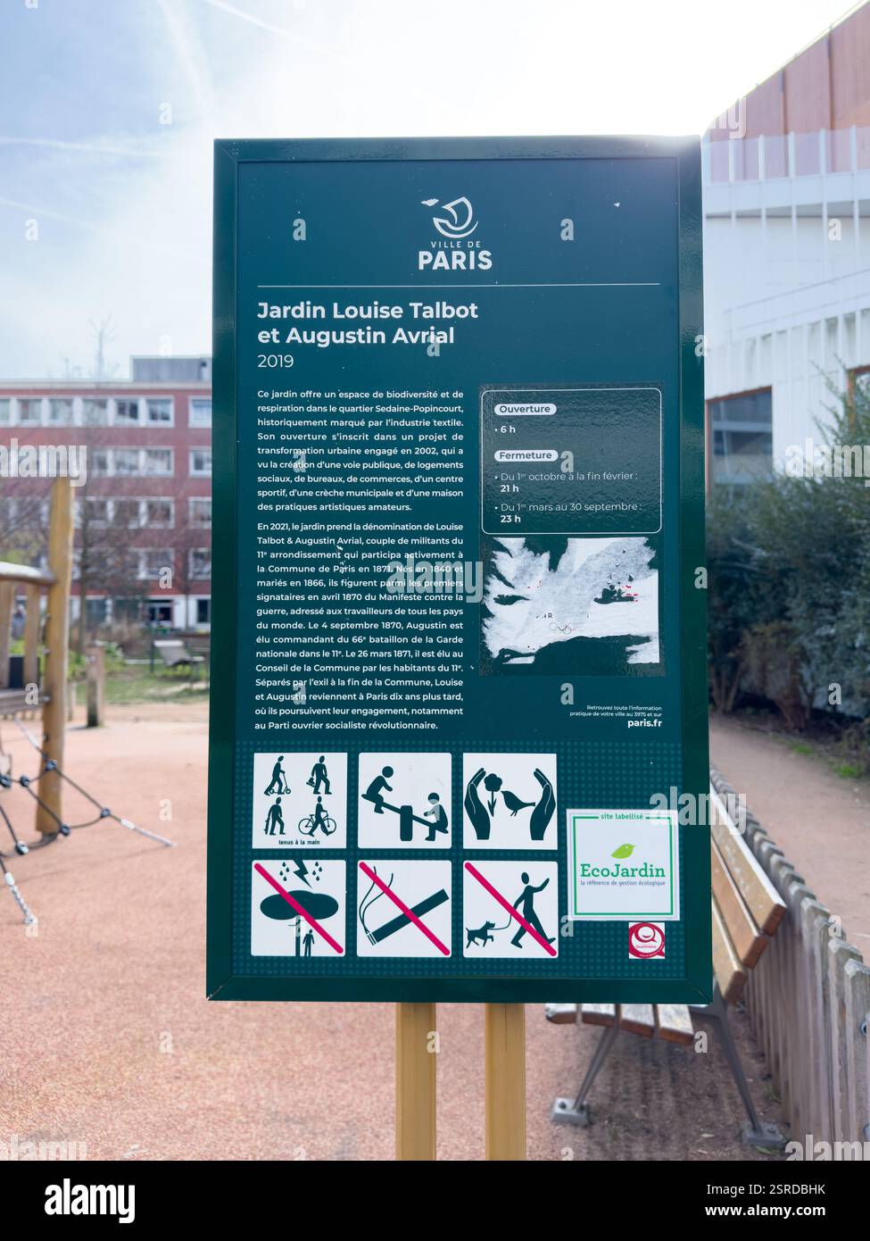 Charming Paris garden sign post displaying rules and activities Stock ...