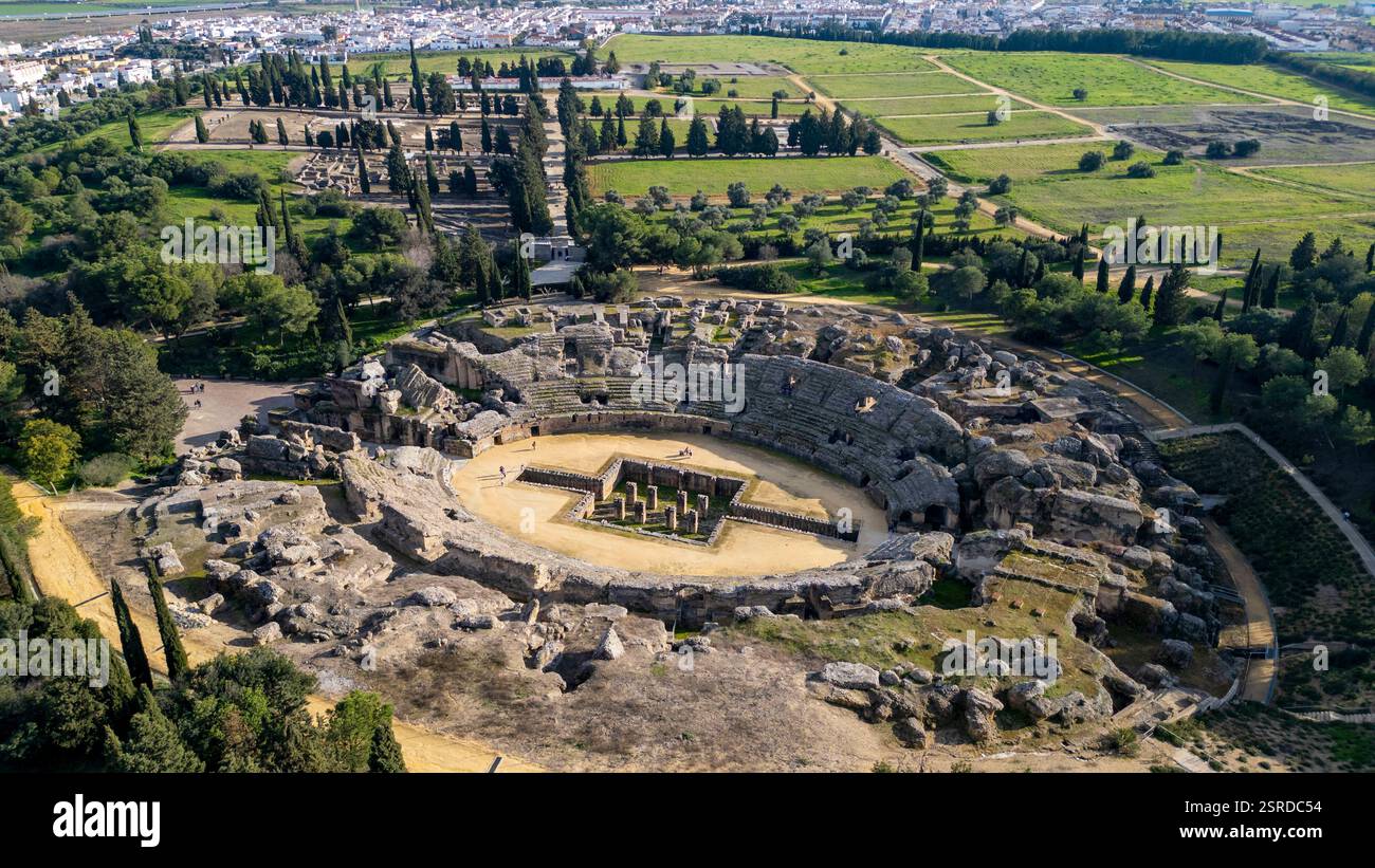 Aerial view of the The Roman Amphitheatre of Itálica, Santiponce ...