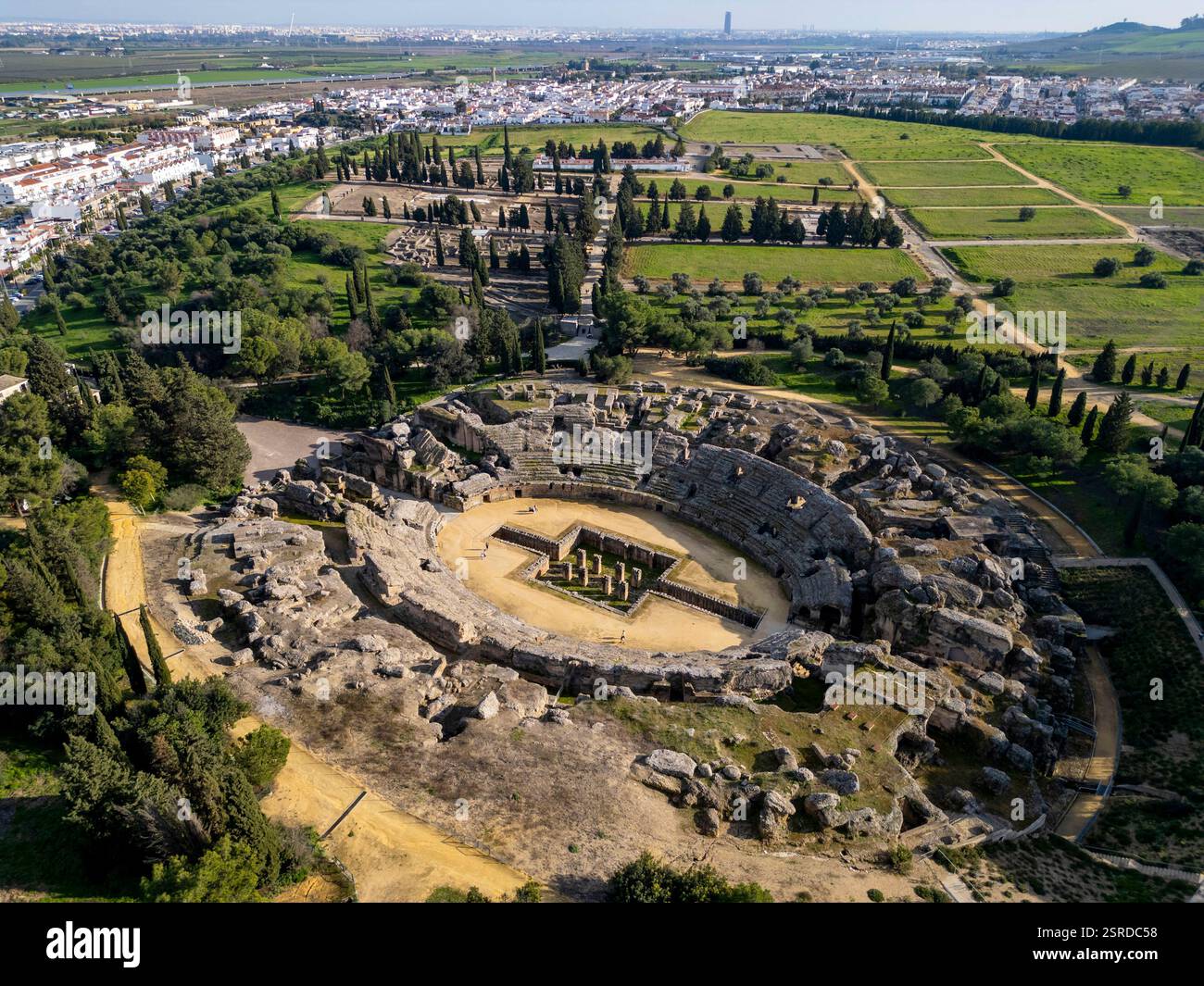 Aerial view of the The Roman Amphitheatre of Itálica, Santiponce ...