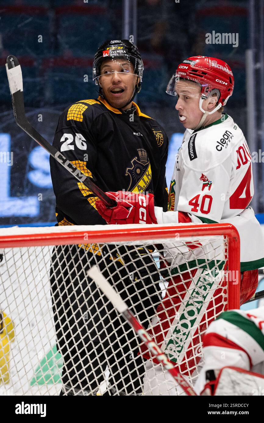 Stockholm, Sverige. 15th Feb, 2025. 250215 AIKs Oscar Nord och Moras Felix Johansson under ...