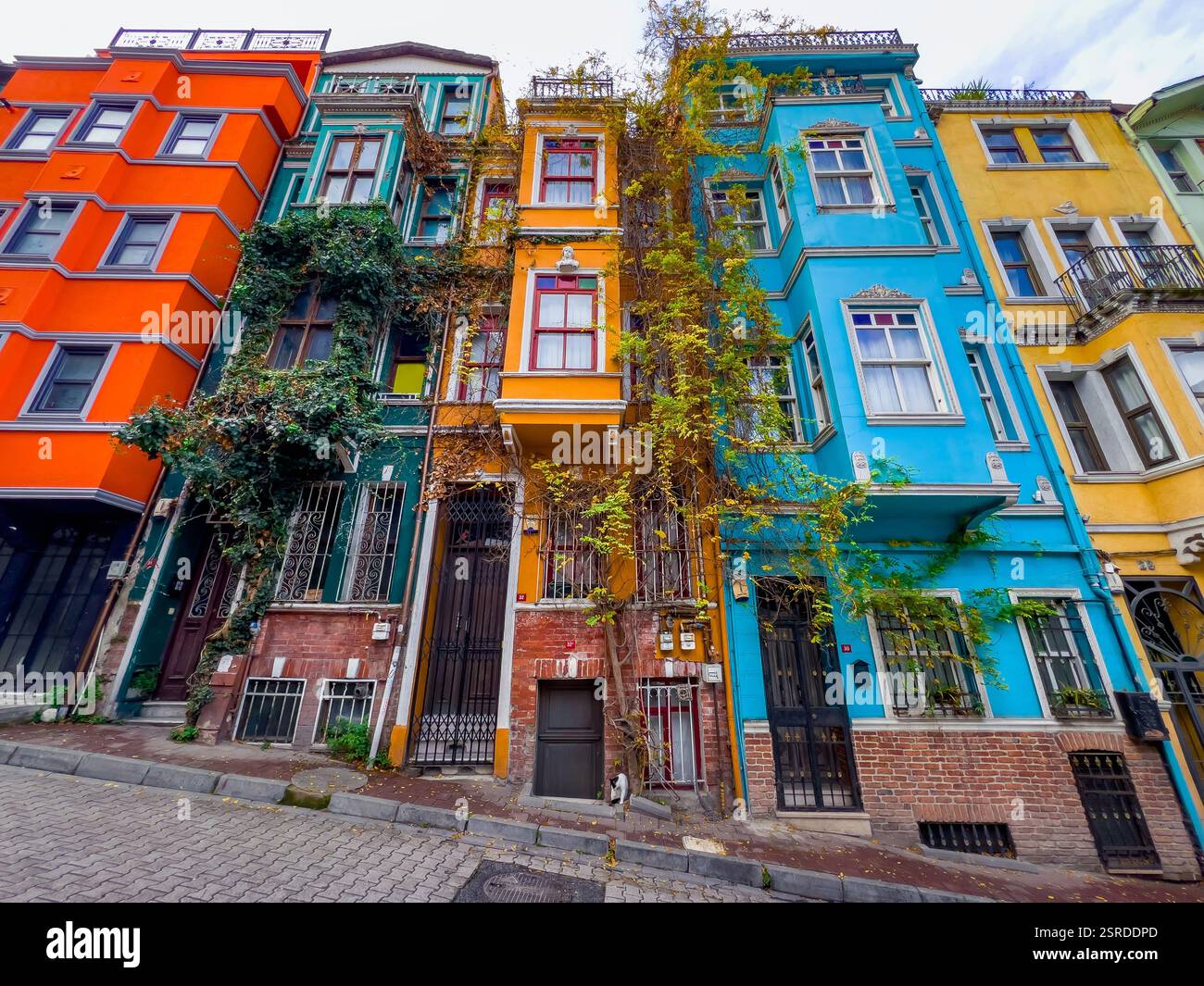 Balat district street view with colorful houses in Istanbul, Turkey ...