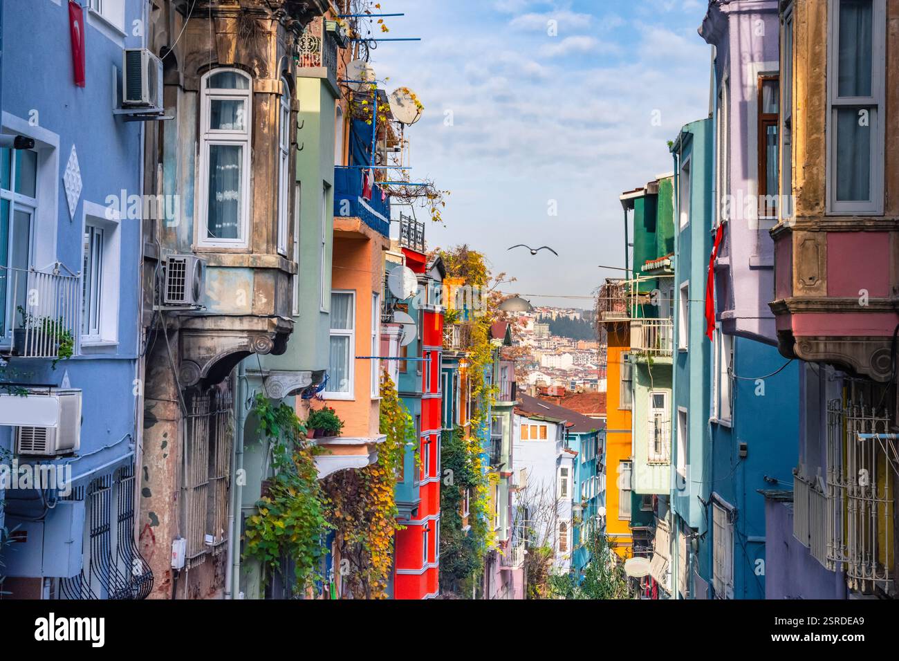 Balat district street view with colorful houses in Istanbul, Turkey ...