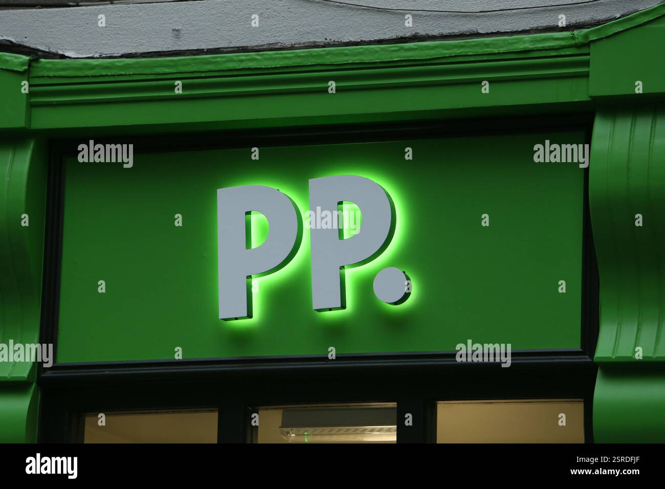 Dublin, Ireland - 11th February 2025 - the 'PP.' logo above the doorway ...