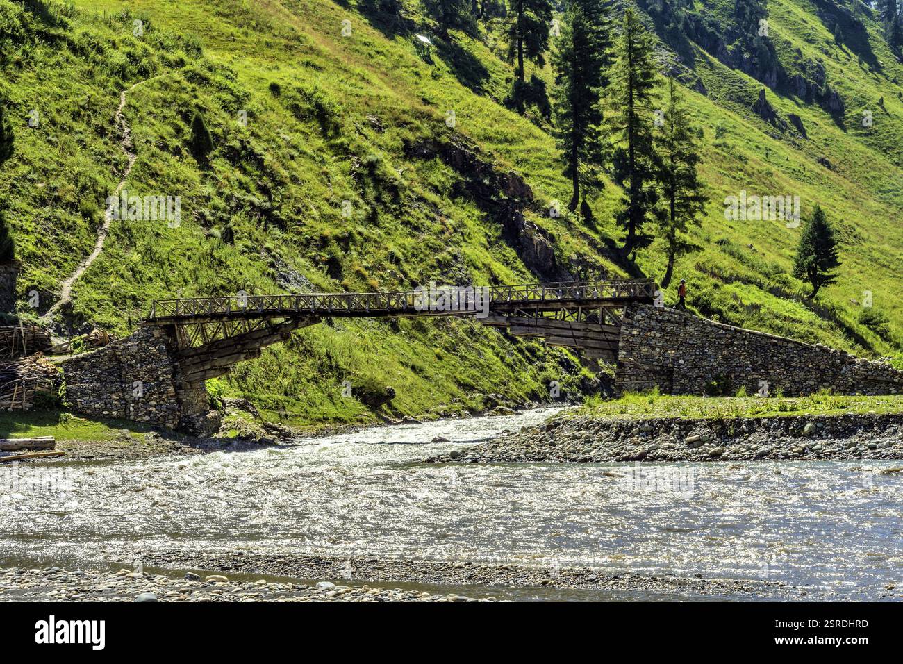Kashmiri wooden bridge over Kishanganga river, Kashmir, India, Asia ...