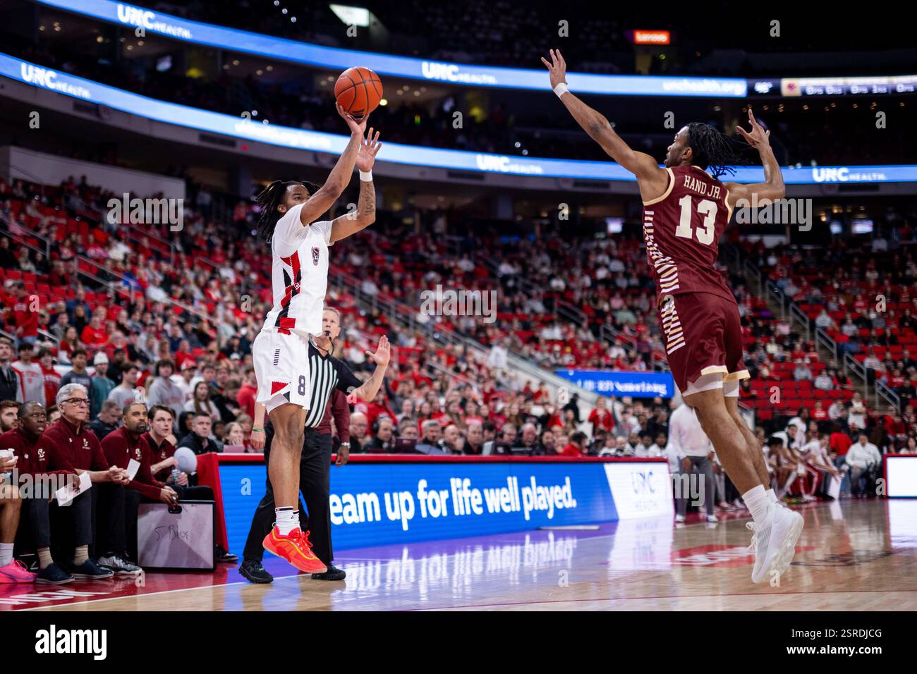 February 15, 2025: North Carolina State guard Jayden Taylor (8) shoots ...
