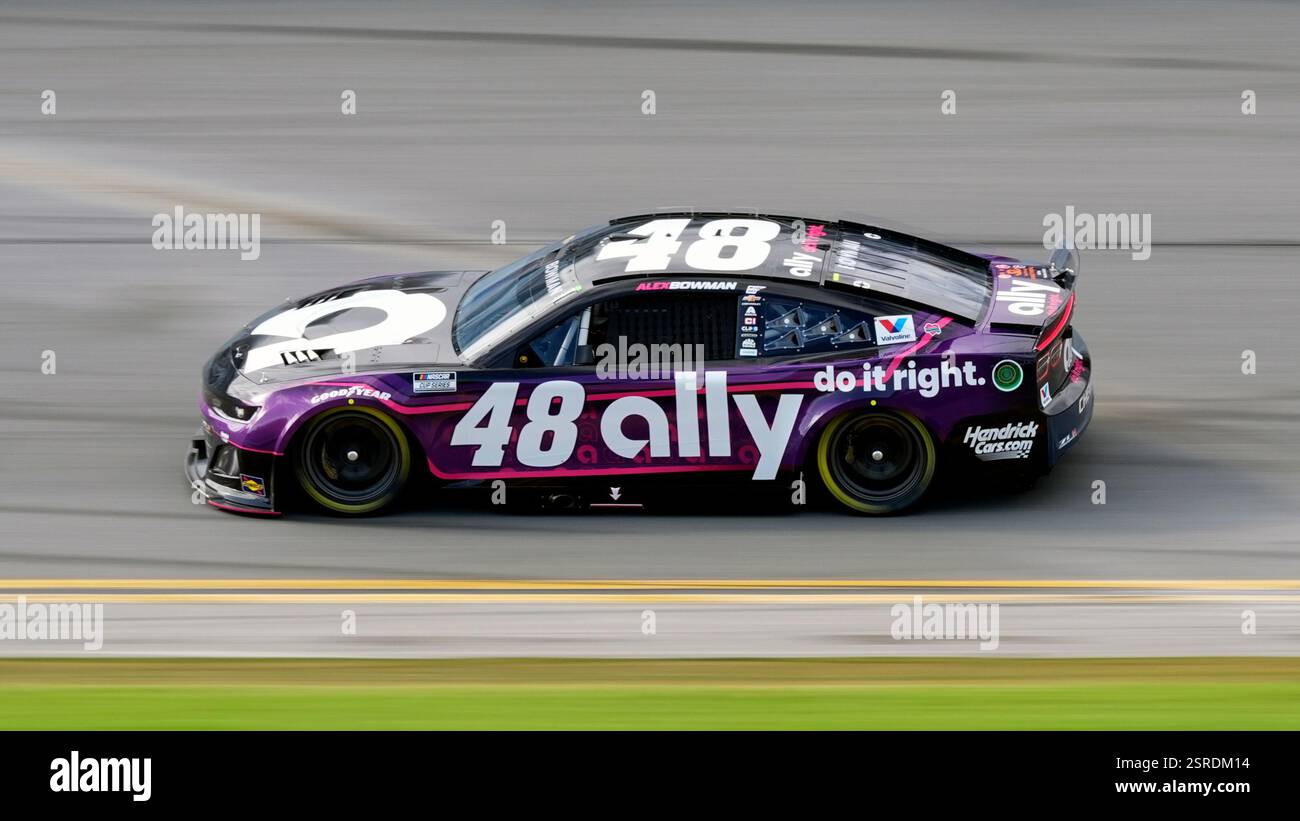 Alex Bowman (48) runs laps during a practice session for the NASCAR Daytona 500 auto race at ...