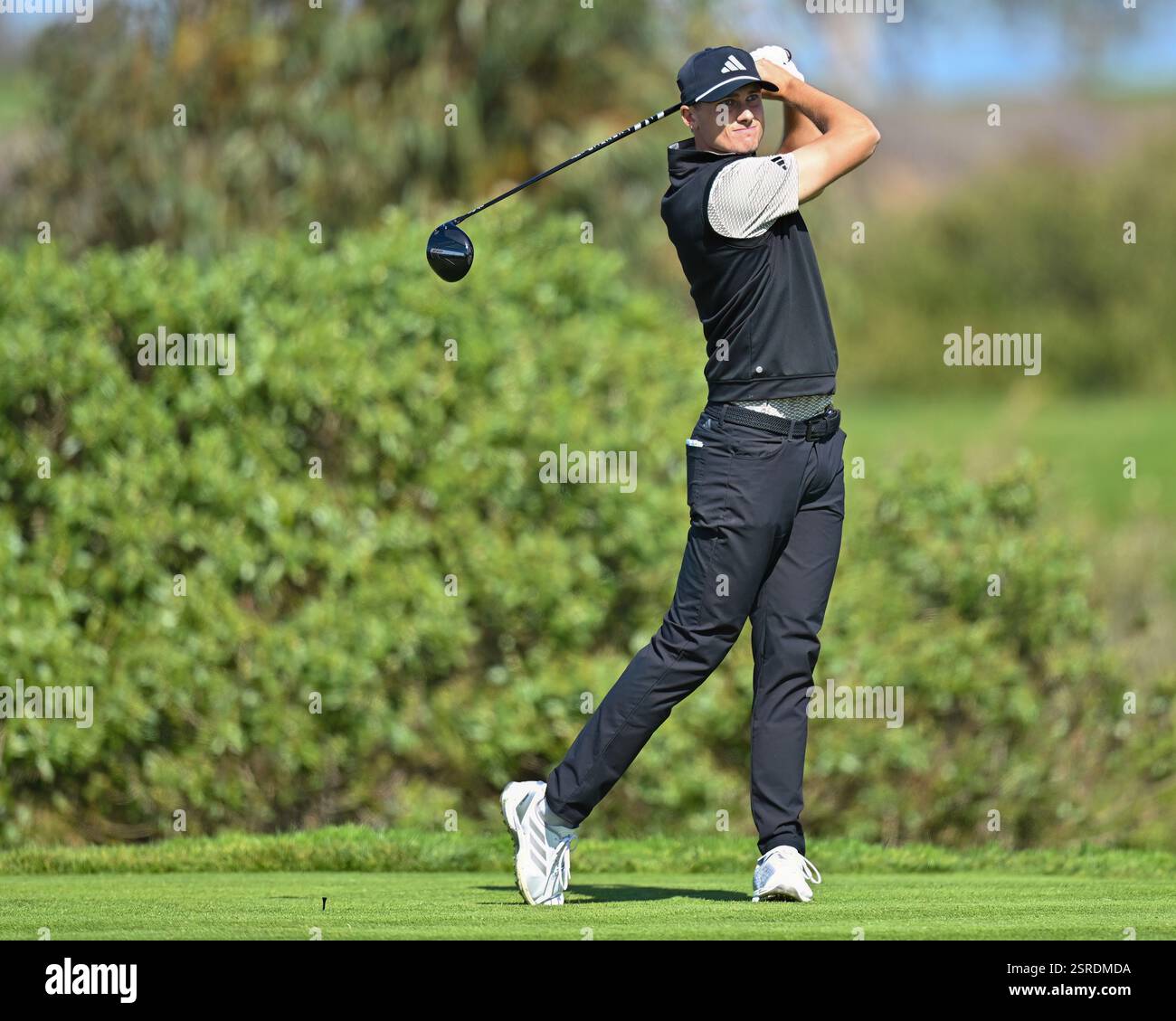 San Diego, California, USA. 15th Feb, 2025. Ludvig Aberg tees off on the 5th hole during the ...