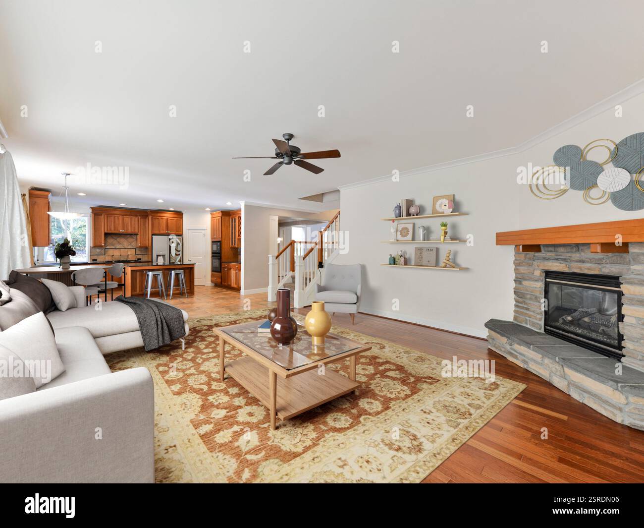 Modern residential virtually staged living room and kitchen interior ...