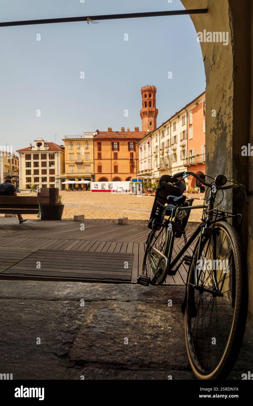 Vercelli, Piedmont, Italy. The central piazza Cavour with the city ...
