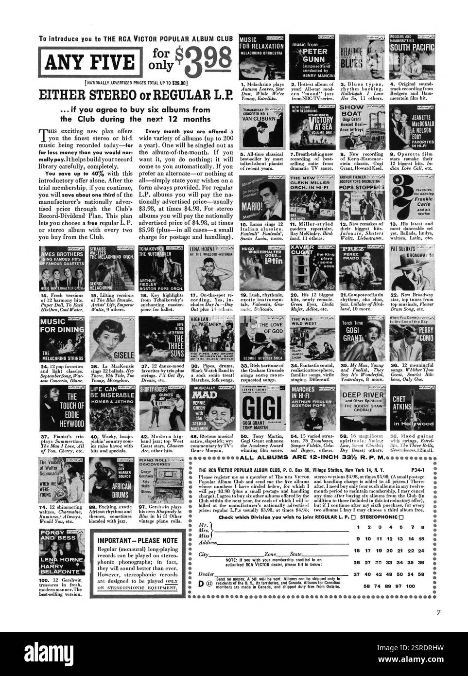 1960 US RCA Victor Popular Album Club Records Ad Stock Photo - Alamy