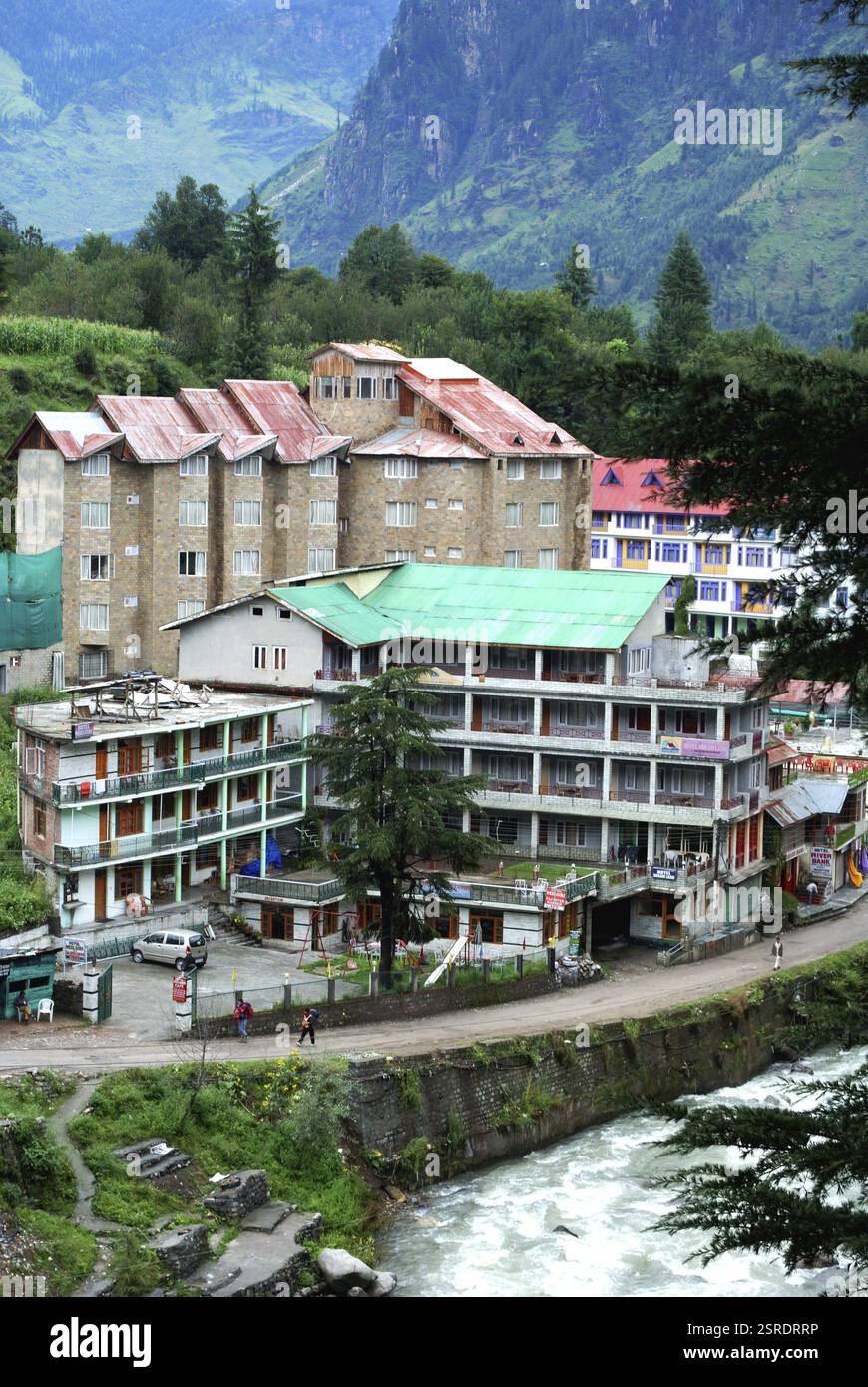 River beas flowing and club house in background, Manali, Himachal ...
