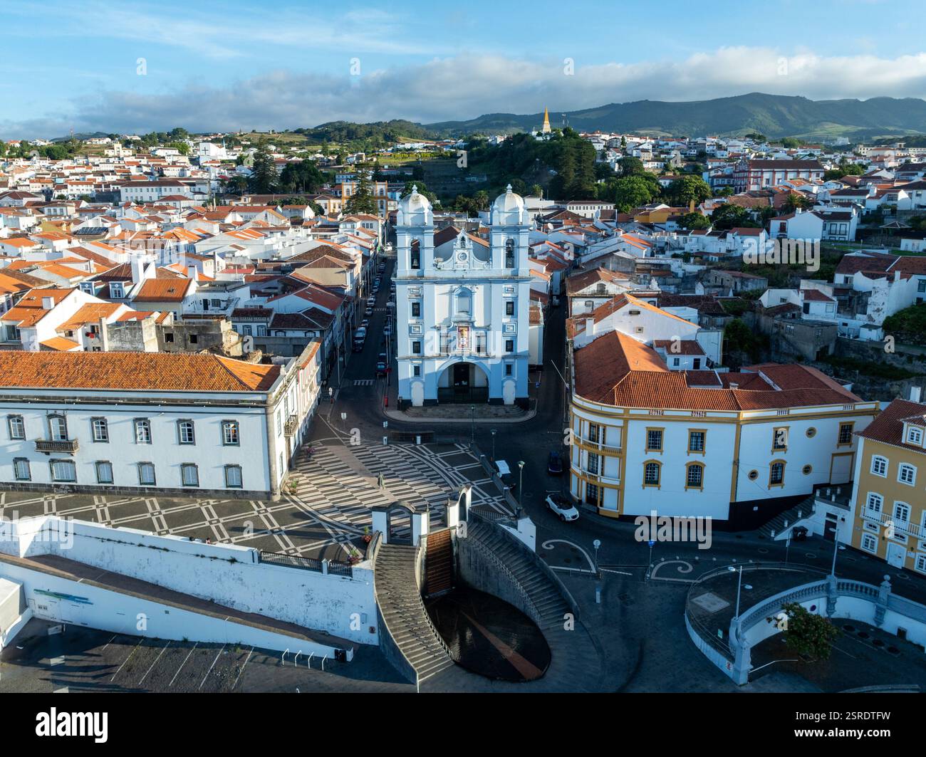 Aerial view of Igreja da Misericordia, blue church at Angra do Heroismo ...