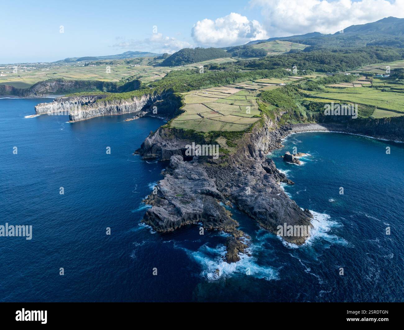 Aerial view of Baias da Agualva and Miradouro de Alagoa viewpoint. Lava ...