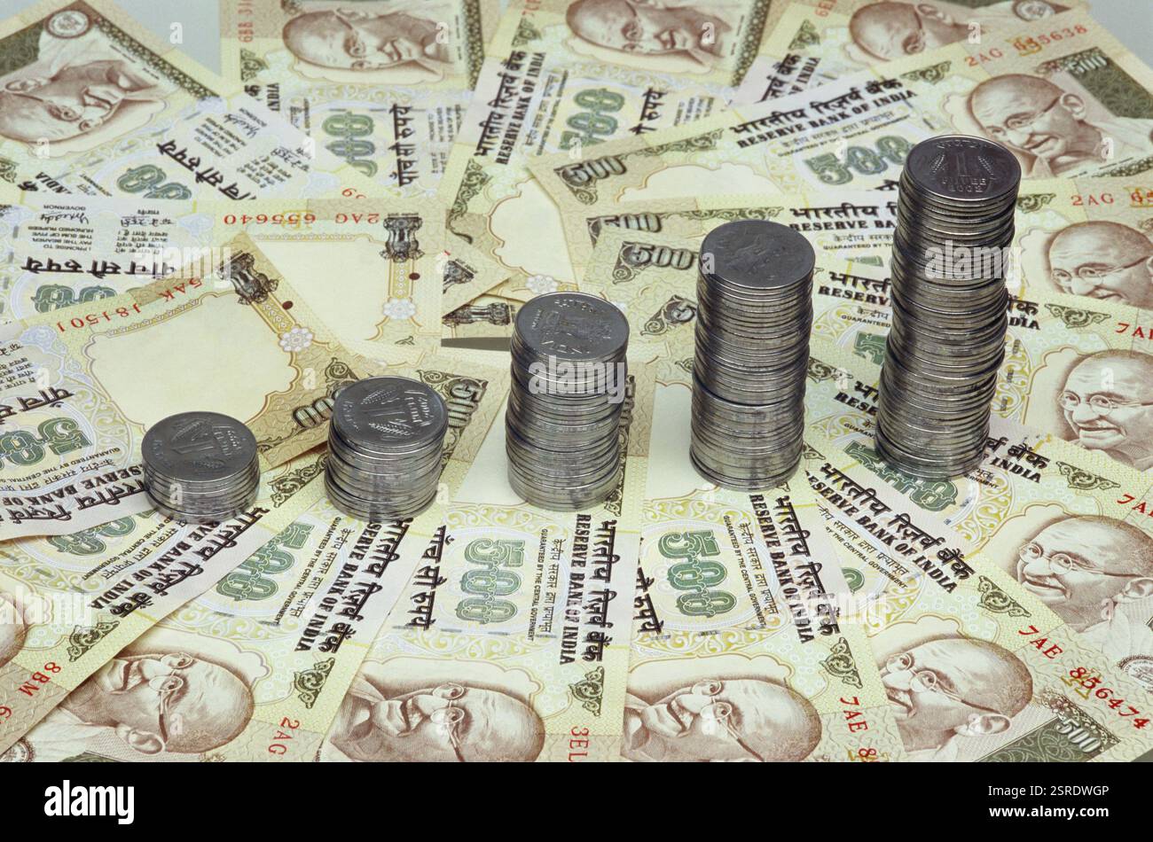 Concept, coins on five hundred rupees notes showing growth graph Stock ...